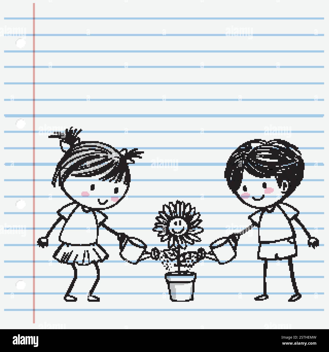 Two kids nurturing a happy potted plant together Stock Vector Image ...