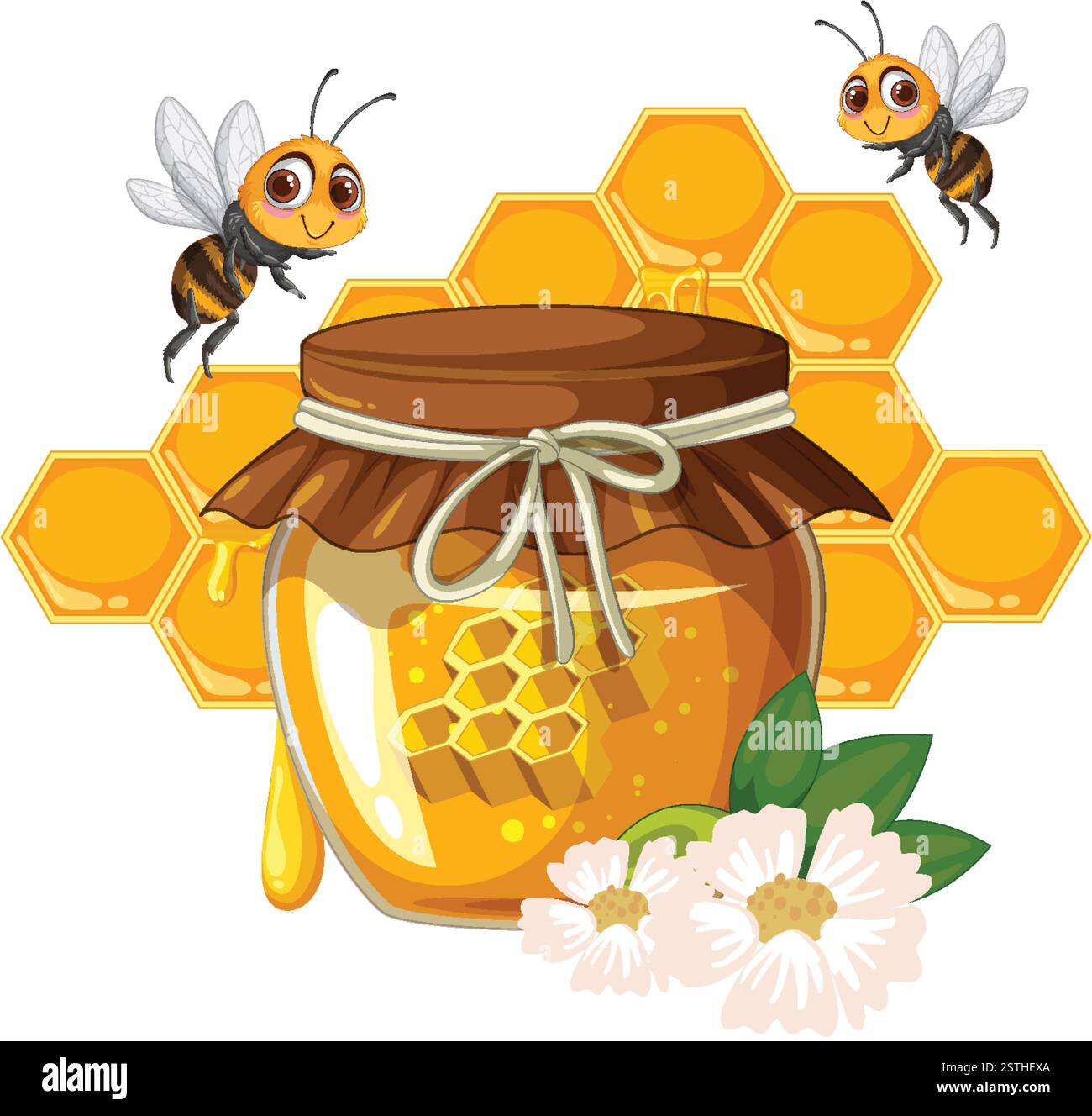 Bees buzzing around a honey jar and flowers Stock Vector Image & Art ...