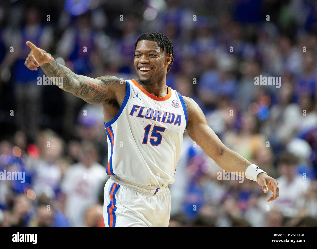 Florida guard Alijah Martin (15) celebrates a point during the second ...