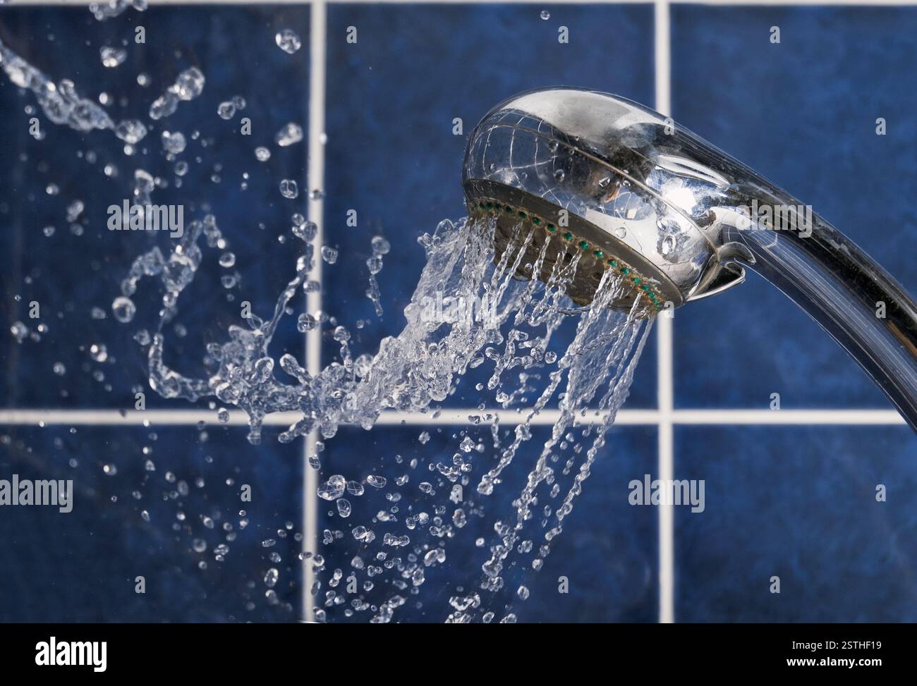 Shower head with water drops flow out frozen in air Stock Photo - Alamy