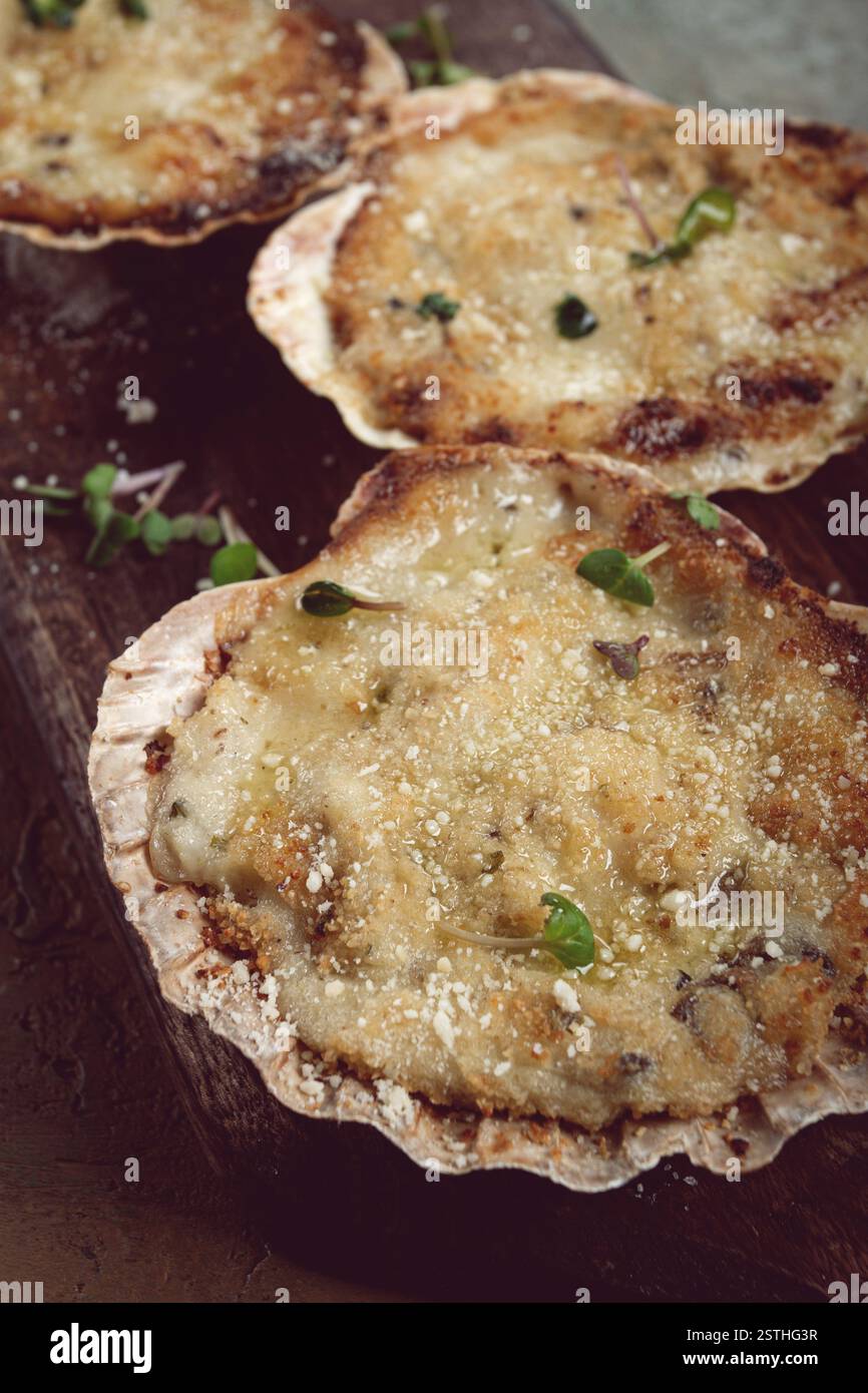 Scallop shells, stuffed, baked with cheese, in the oven, julienne with ...