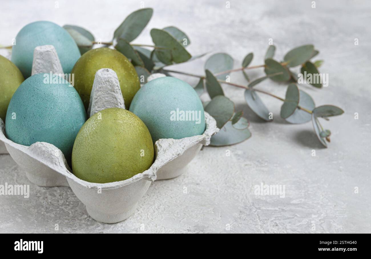 Easter colored eggs, in green and turquoise tones, with eucalyptus ...