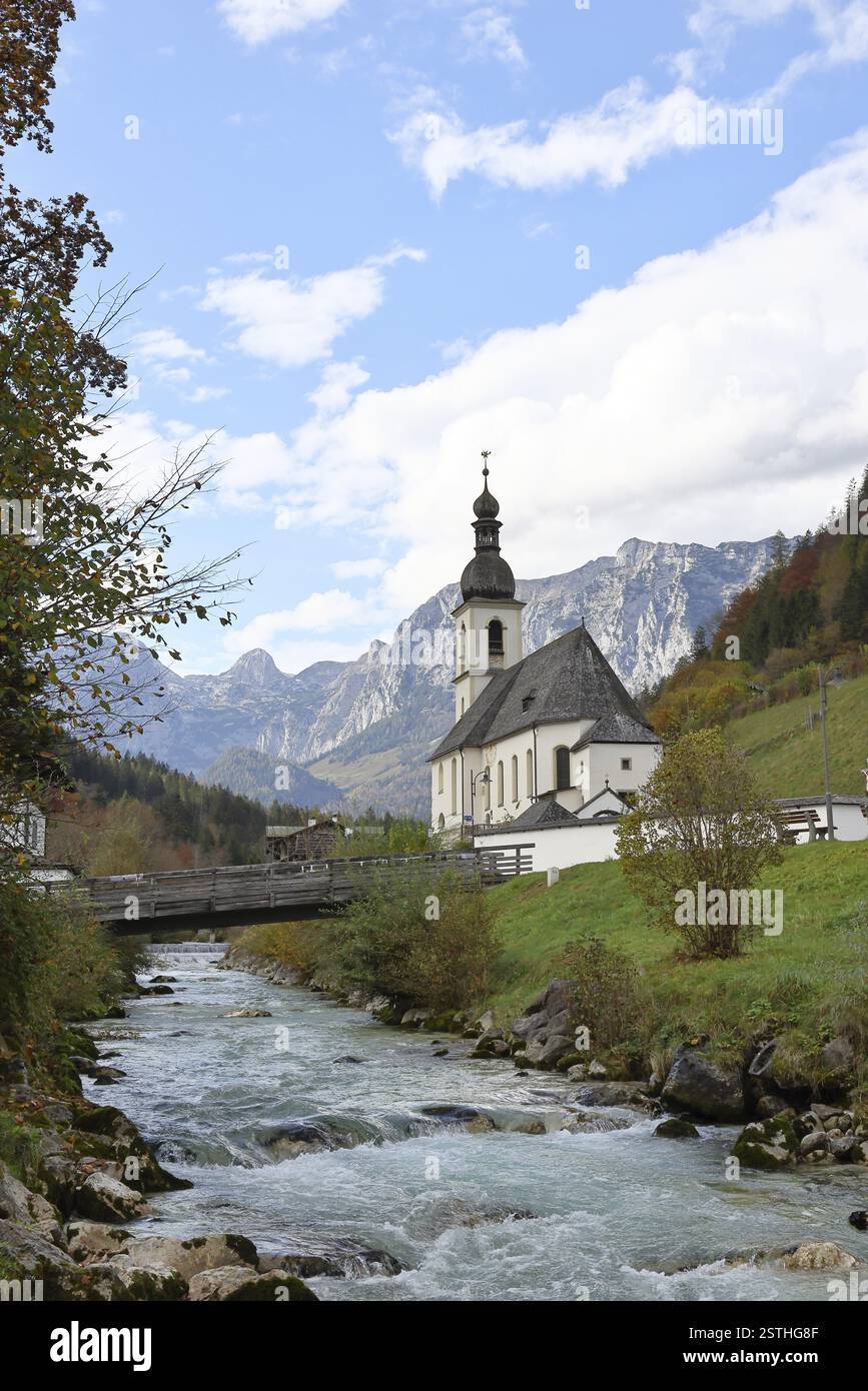 Parish church of St Sebastian with Ramsauer Ache, Reiteralpe in the ...