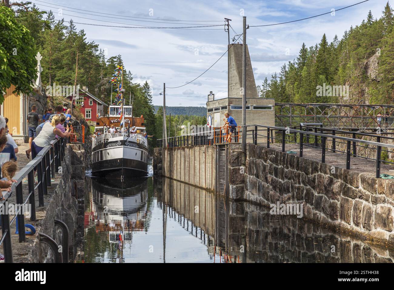 Liner MS Victoria enters the Vrangfoss lock, Telemark Canal, Lunde ...