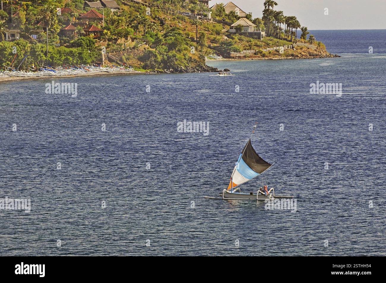 East coast with outrigger sailing boat near Amed, Bali, Indonesia, Asia ...
