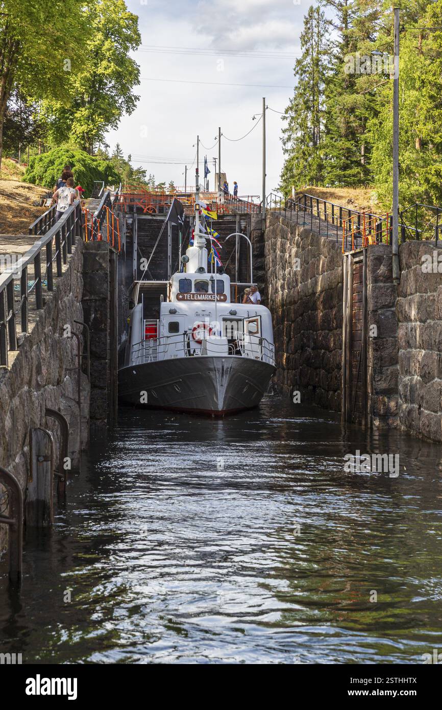Liner MS Telemarken in the Vrangfoss lock, Telemark Canal, Lunde ...