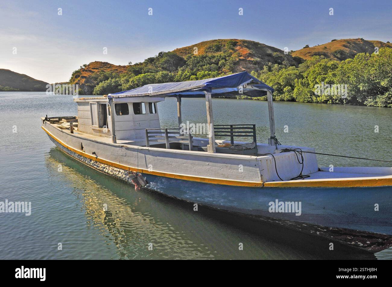 Simple typical wooden boat at the jetty, Rinca Island, Loh Buaya ...