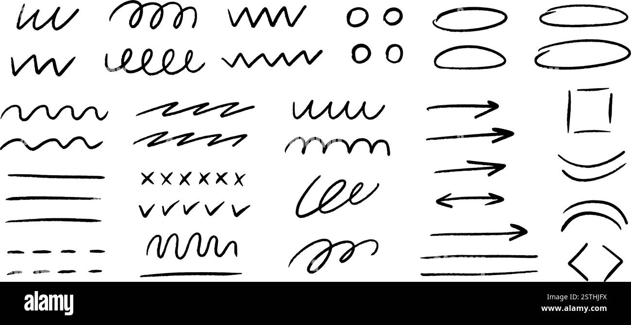 Black brush stroke element set. Scribbled stripes, lines and arrows ...