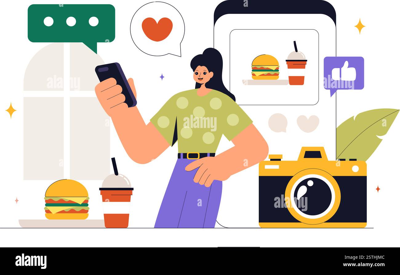 Food Blogger Vector Illustration featuring an Influencer Reviewing and ...