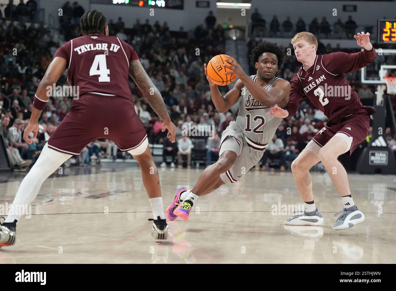 Mississippi State guard Josh Hubbard (12) dribbles past Texas A&M ...
