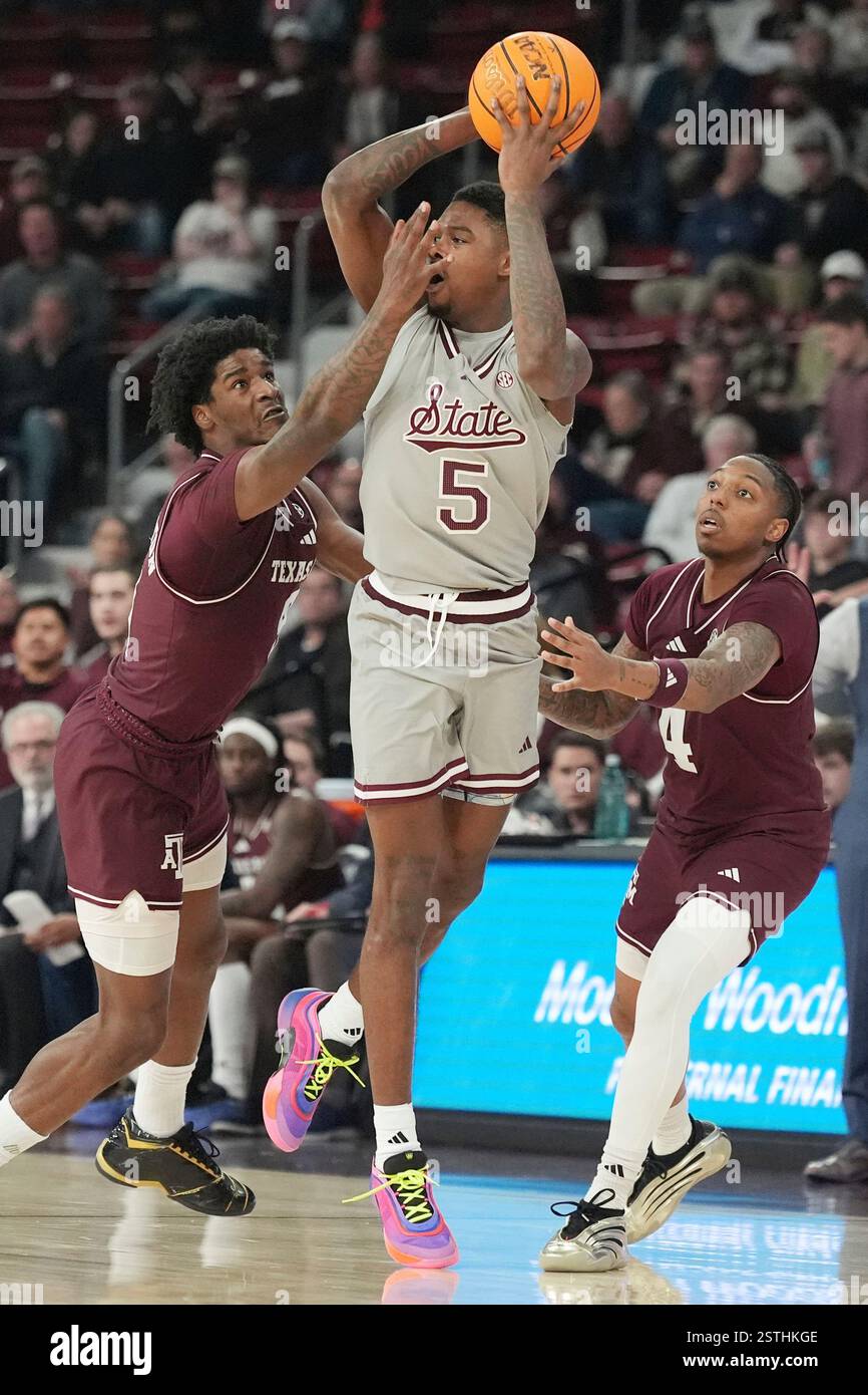 Mississippi State guard Shawn Jones Jr. (5) is pressured by Texas A&M ...