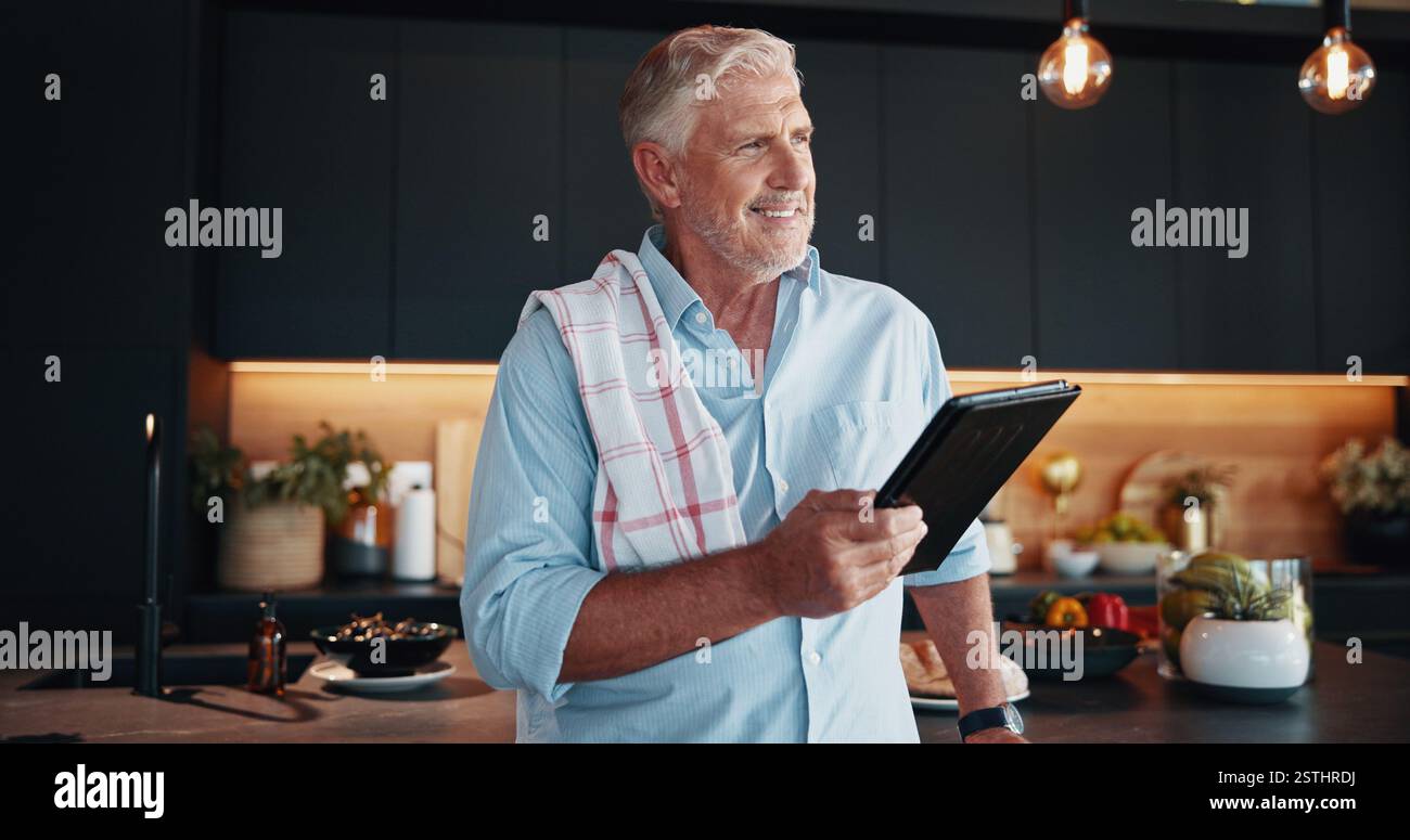 Senior man, tablet and meal prep with cooking idea, dinner tutorial or ...