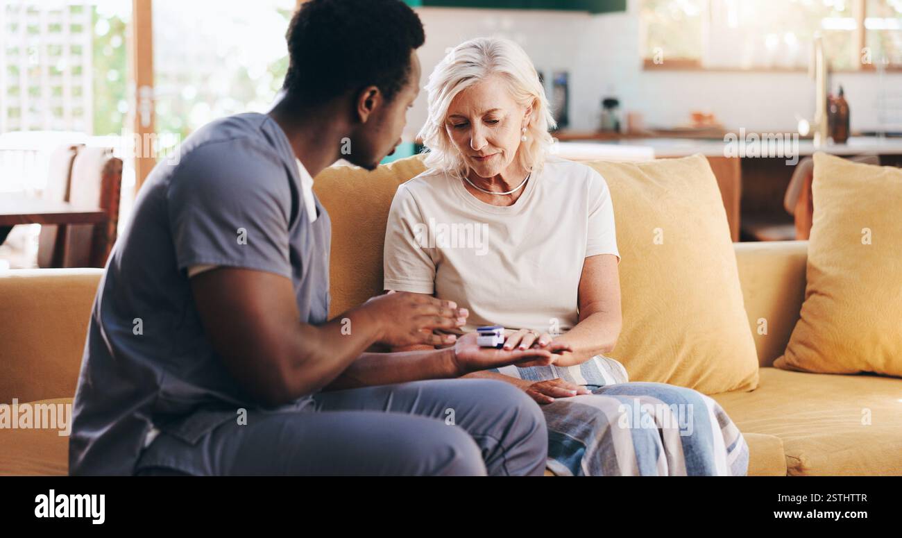 Woman, nurse and machine for pulse check of blood level, heart rate and ...
