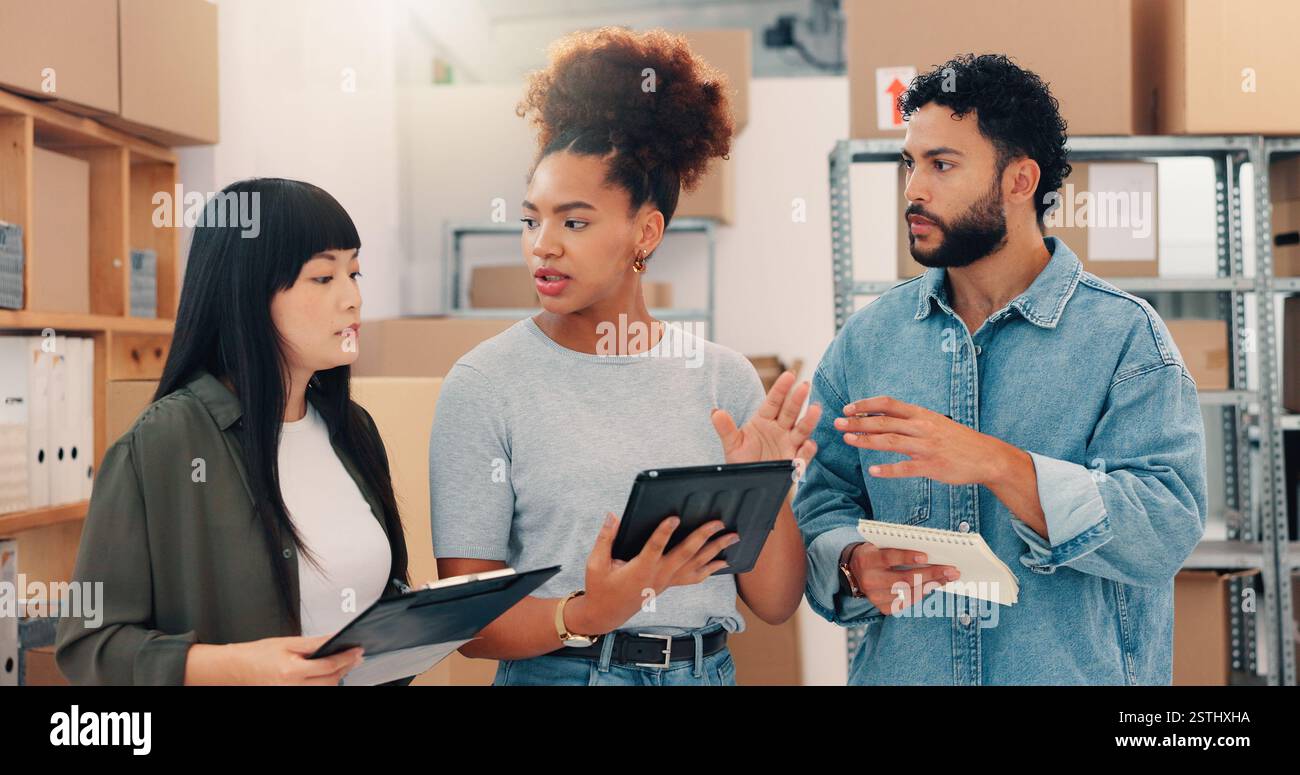 Group, shipping and people in discussion for logistics, inventory or ...