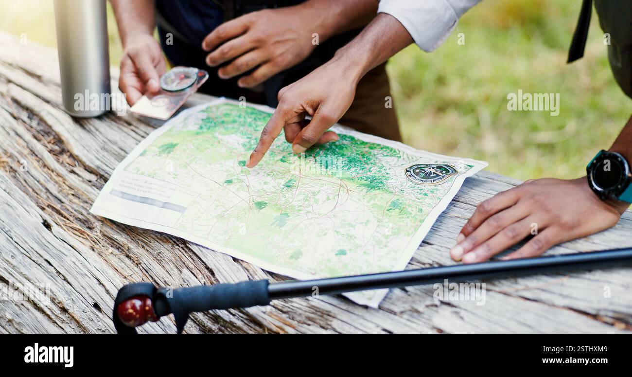 Hands, people and maps for hiking outdoor of trekking directions ...