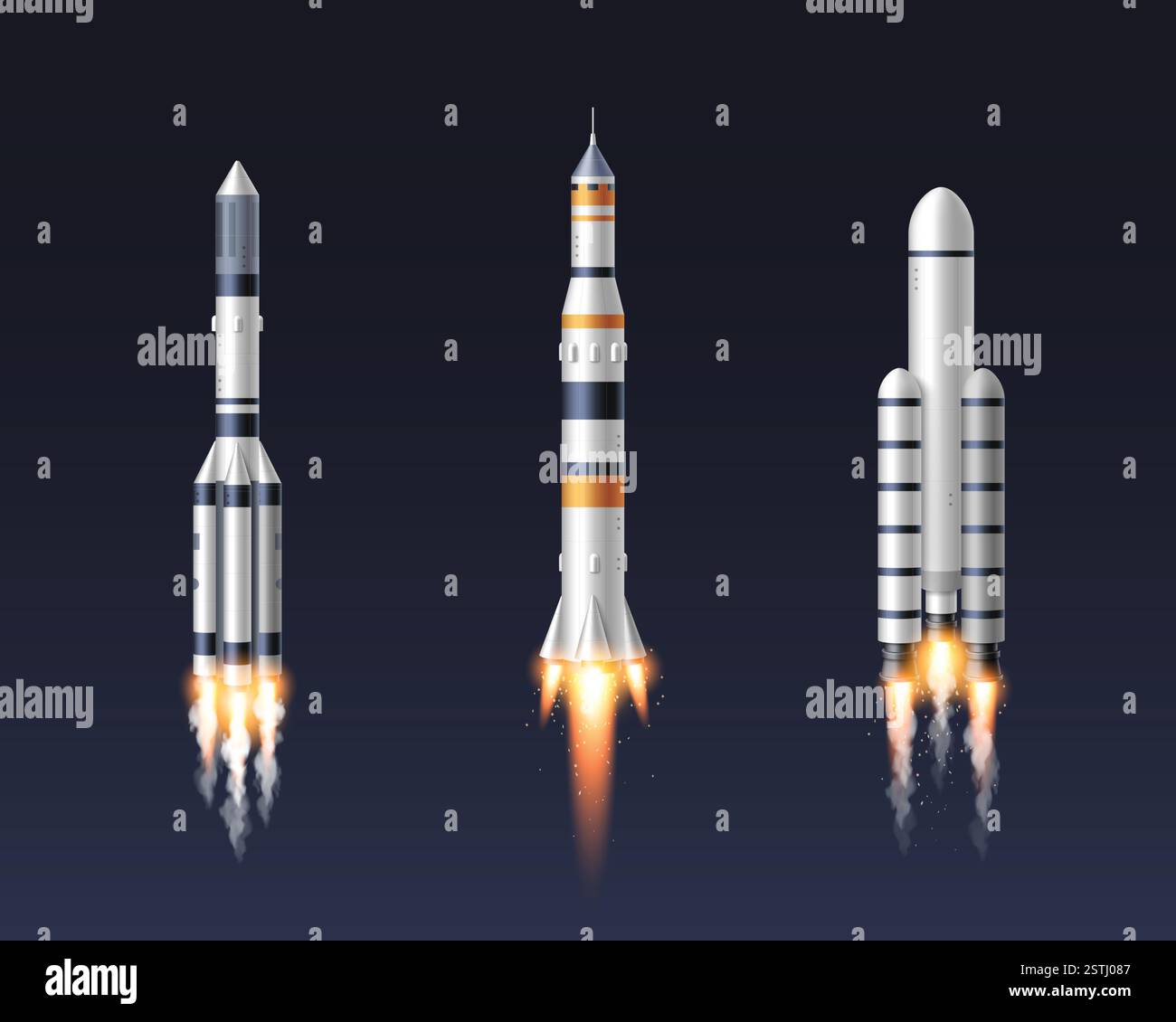 Realistic space rocket set of launching spaceships with burning engines ...