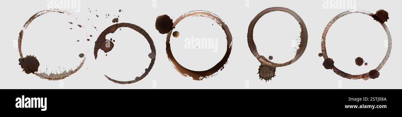 Coffee stain circle marks set of brown rings with splashes and blotches ...