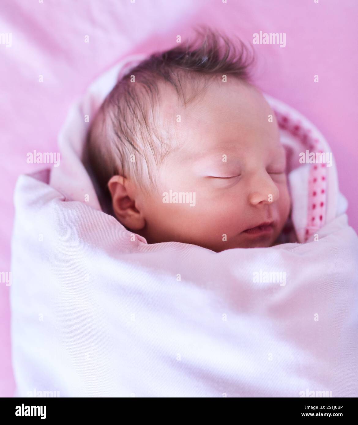 Newborn, baby and sleeping with blanket on bed for healthy development ...