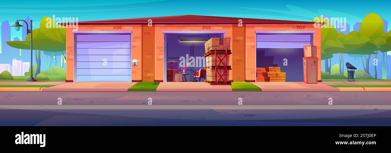 Self storage facility exterior - three rental units with numbered doors ...