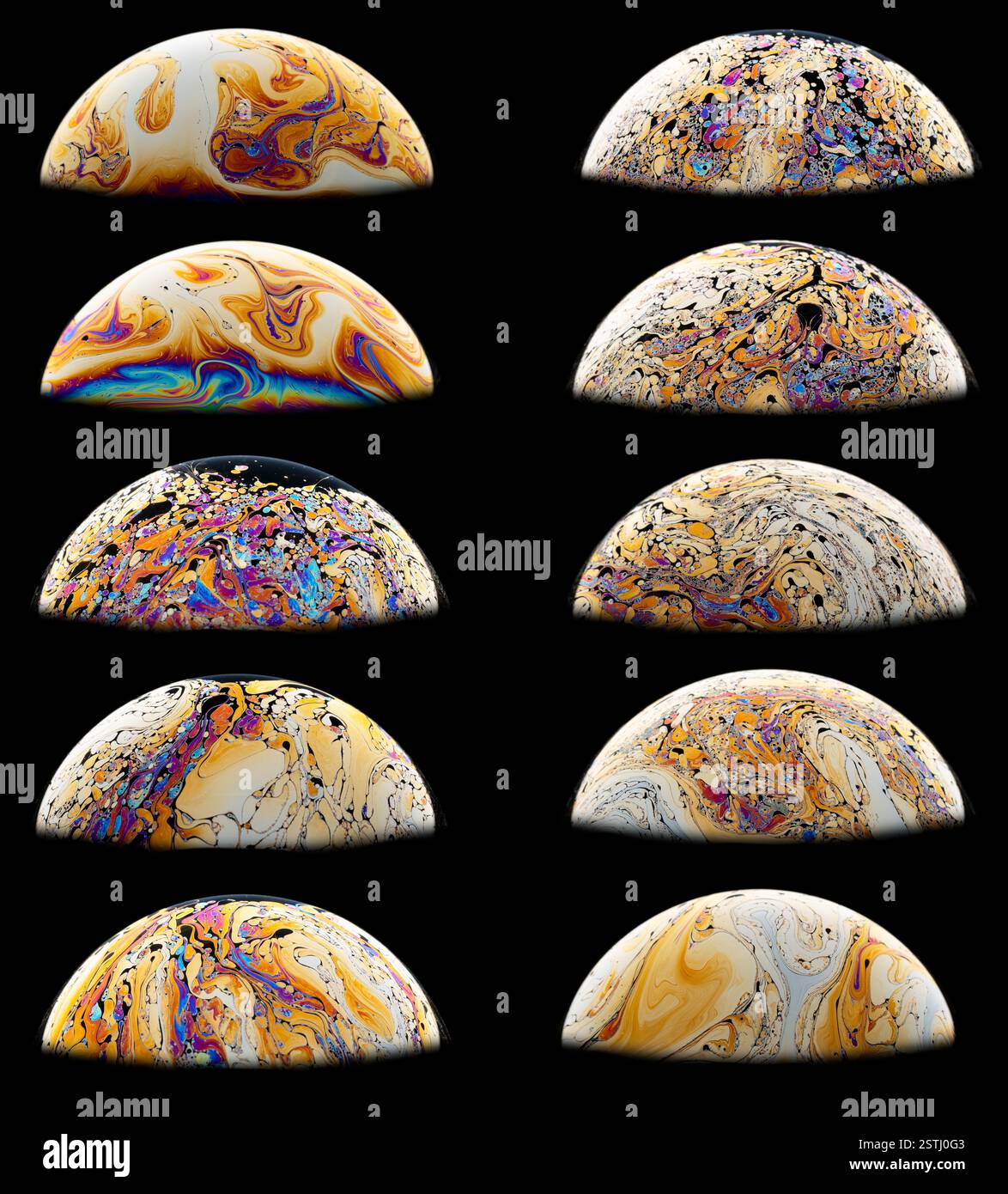 A collection of photographs featuring colorful soap bubbles on a black ...