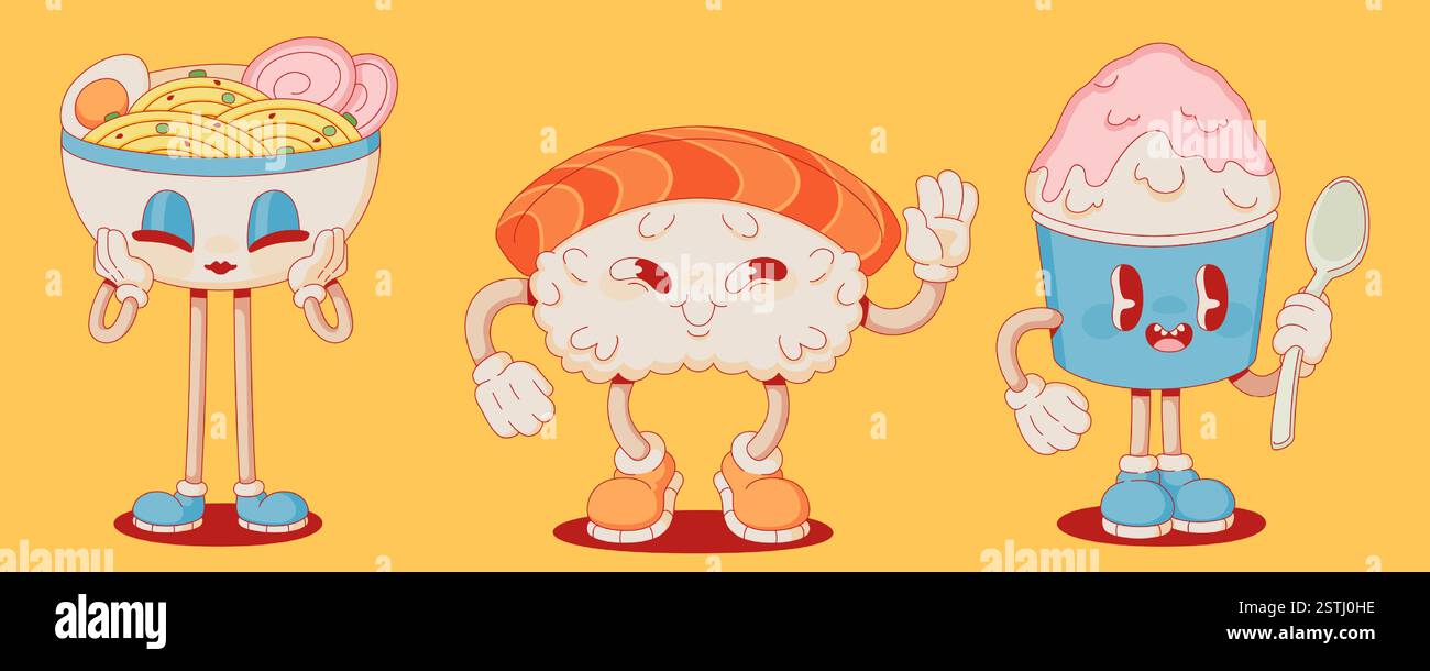 Retro Japanese food mascots - smiling ramen bowl with noodles, waving ...