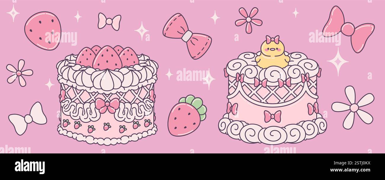 Kawaii dessert illustration with decorated cakes, floating bows ...