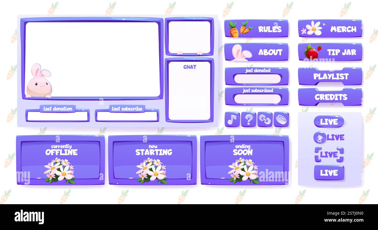 Stream overlay set with purple frames and cute spring elements - bunny mascot, daisy flowers ...