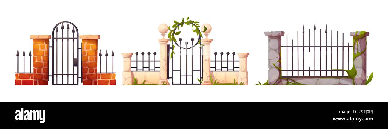 Cartoon iron gates with stone and brick fence set. Garden entrance with ...