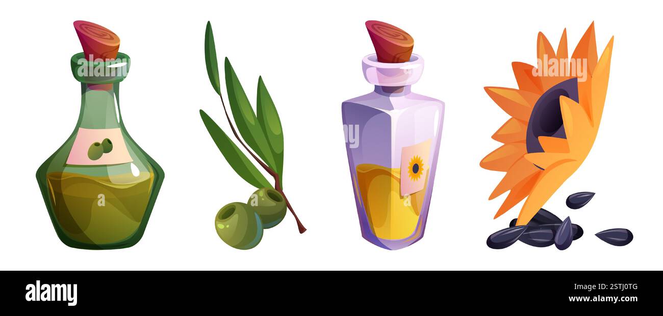 Plant oil bottles set isolated on white background. Vector cartoon ...