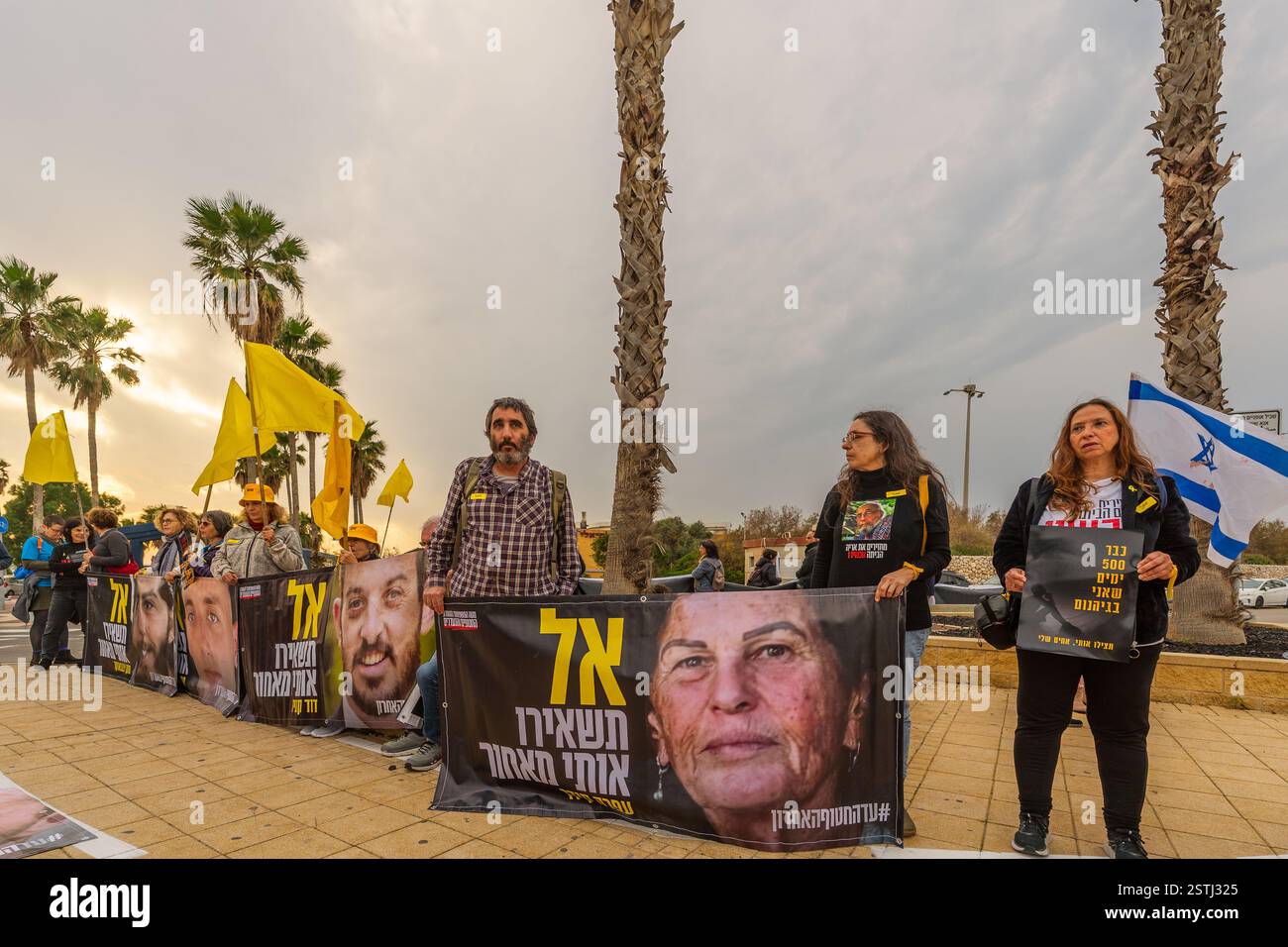 Haifa, Israel - February 17, 2025: Symbolic display of a hostage bound ...