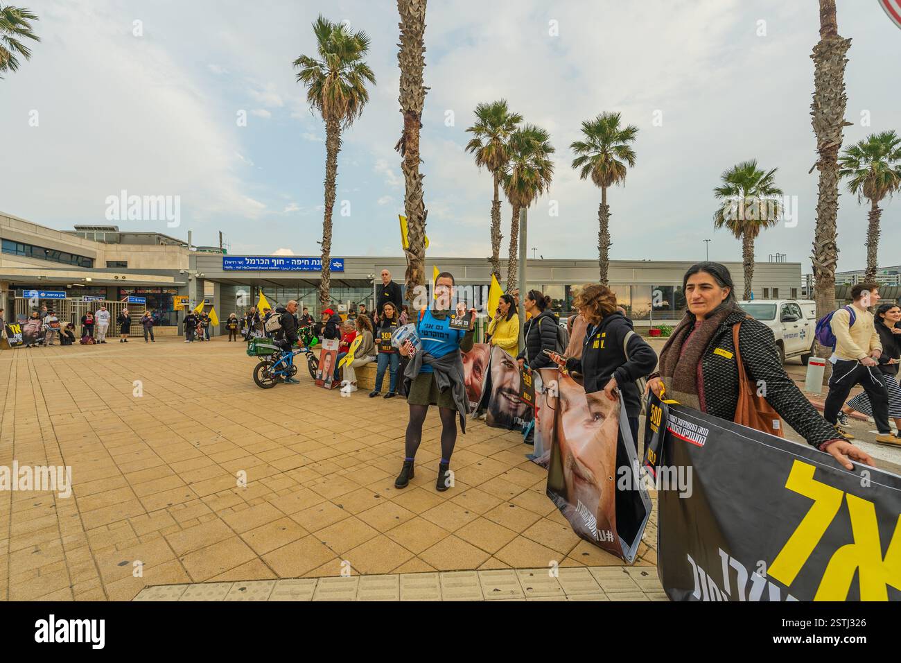 Haifa, Israel - February 17, 2025: Symbolic display of a hostage bound ...