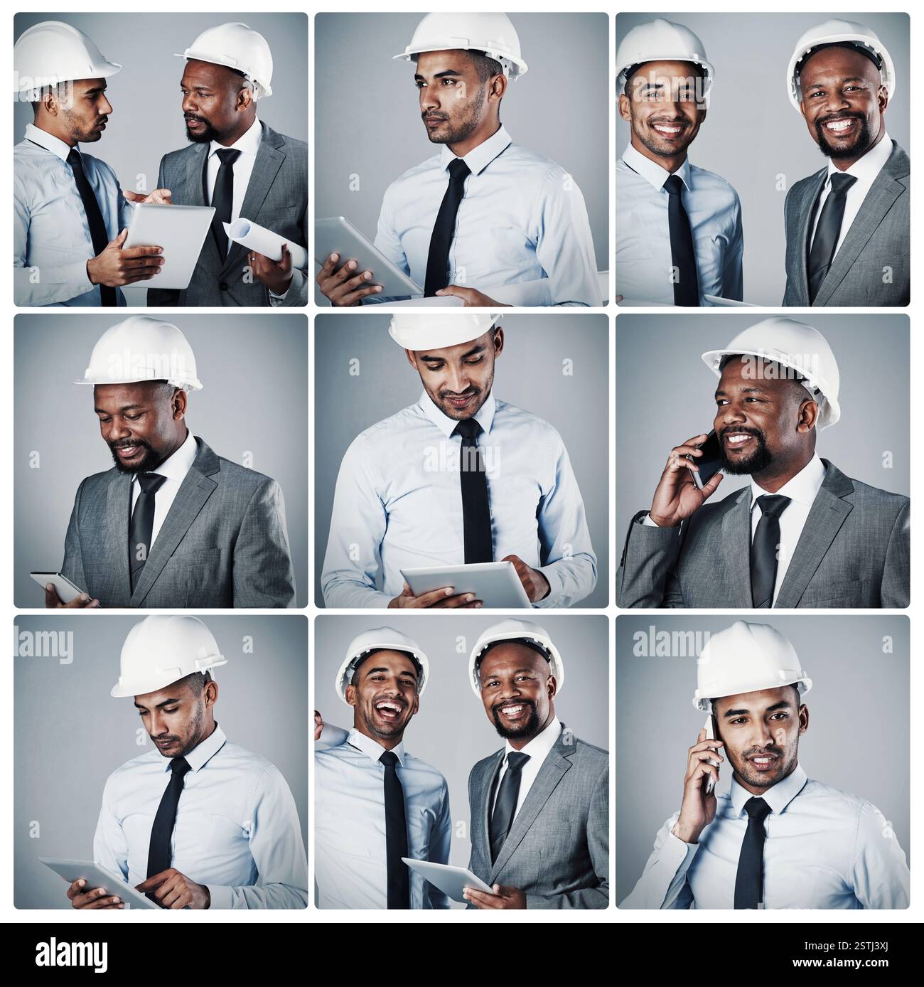 Men, architect and collage with smile, team and portrait in studio with ...