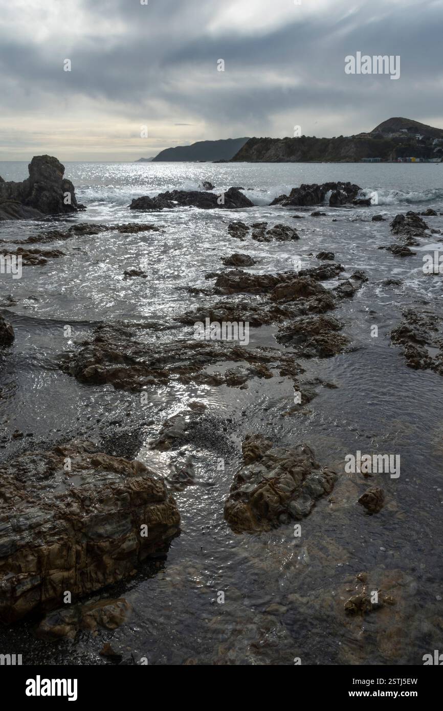 Silvery sea and rocks, Titahi Bay, Porirua, Wellington, North Island ...