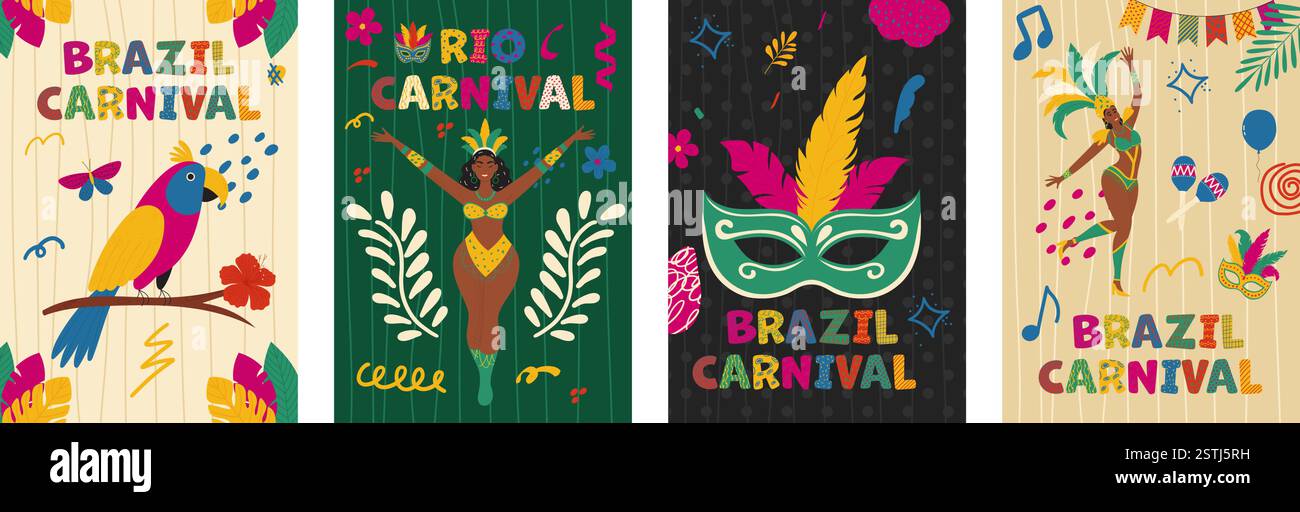 Brazilian carnival vector poster set. Dancing people and exotic birds ...