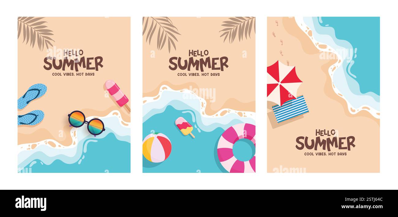 Hello summer beach clipart poster set. Summer greeting text in seaside ...