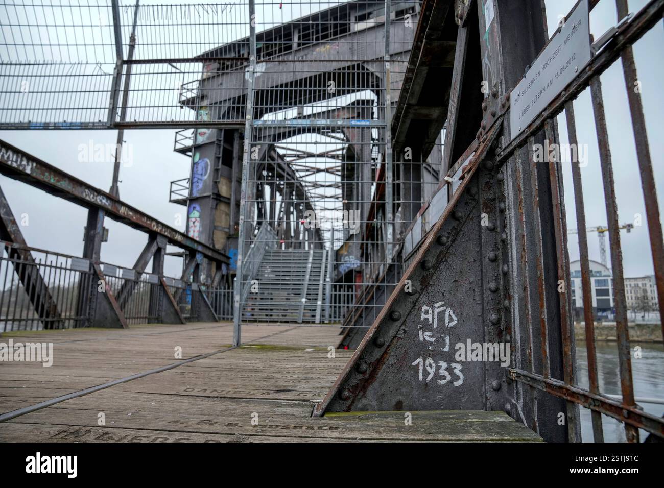 An anti AFD slogan is seen written on a bridge in the city of Magdeburg ...
