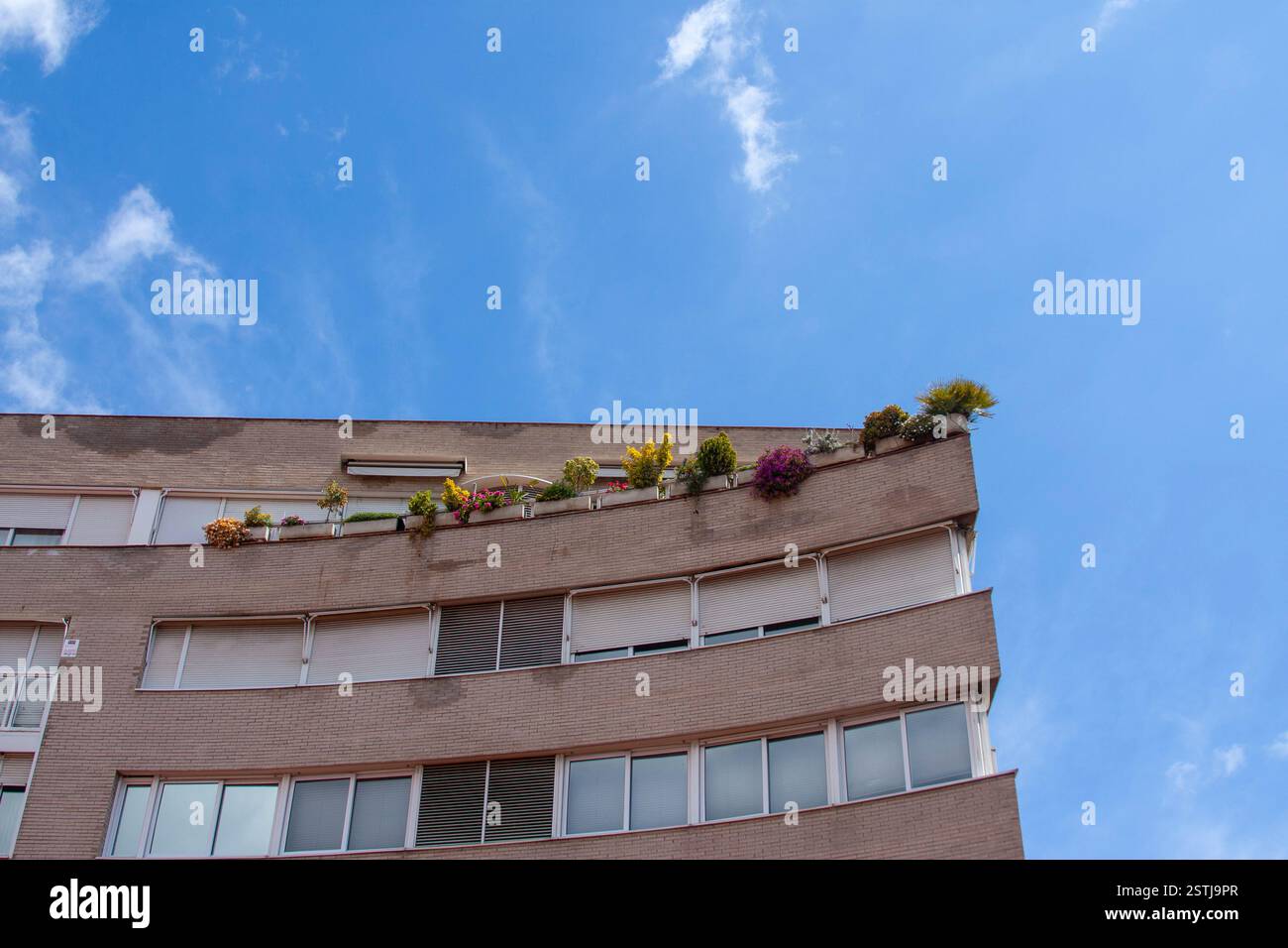 Building with rooftop planters against a blue sky. Urban gardening ...