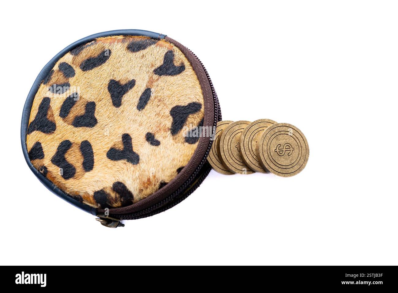 Round leopard print coin purse, partially open, showing coins. The image appears on a white ...