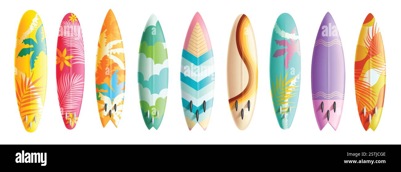 Summer surfboard elements clipart set. Colorful surfing board rocket ...