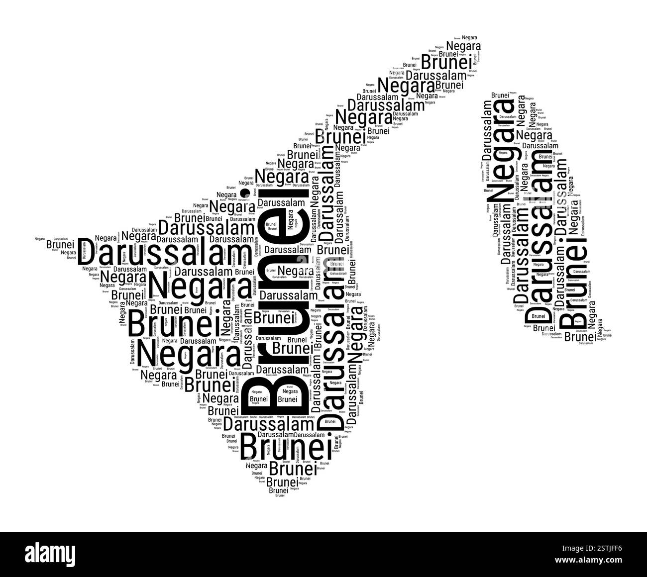 Black and white word cloud in Brunei shape. Simple typography style ...
