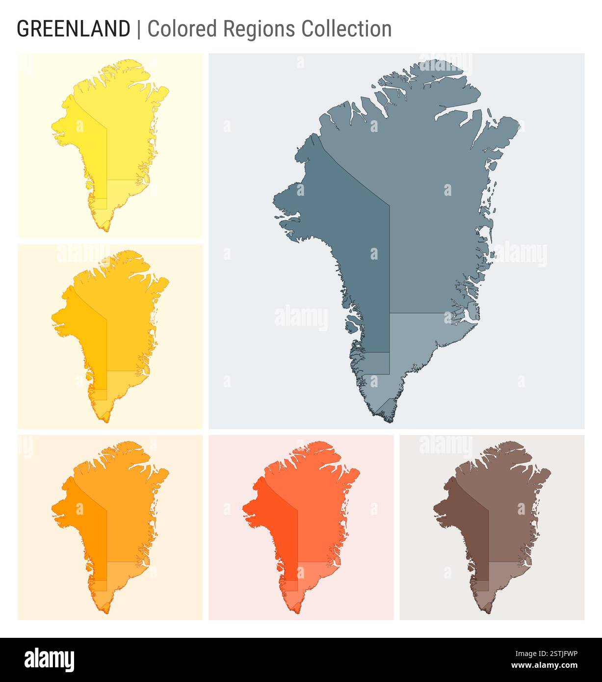 Greenland map collection. Country shape with colored regions. Blue Grey ...