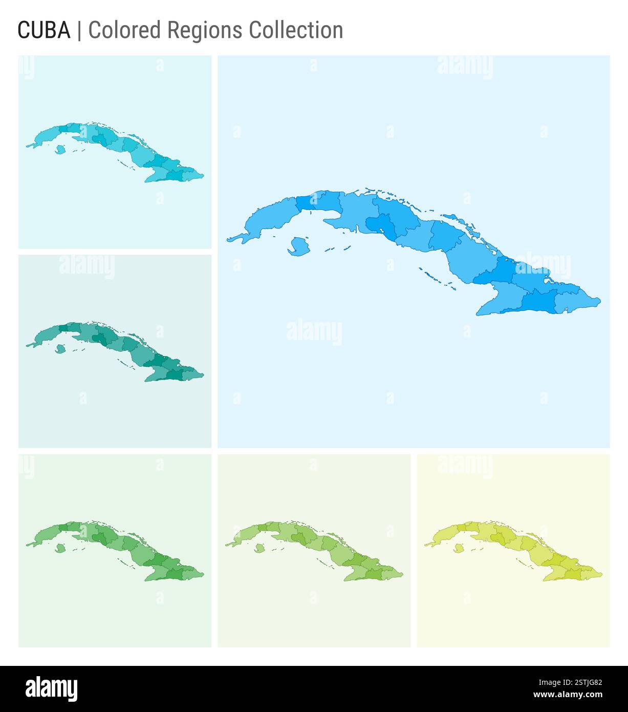 Cuba map collection. Country shape with colored regions. Light Blue ...