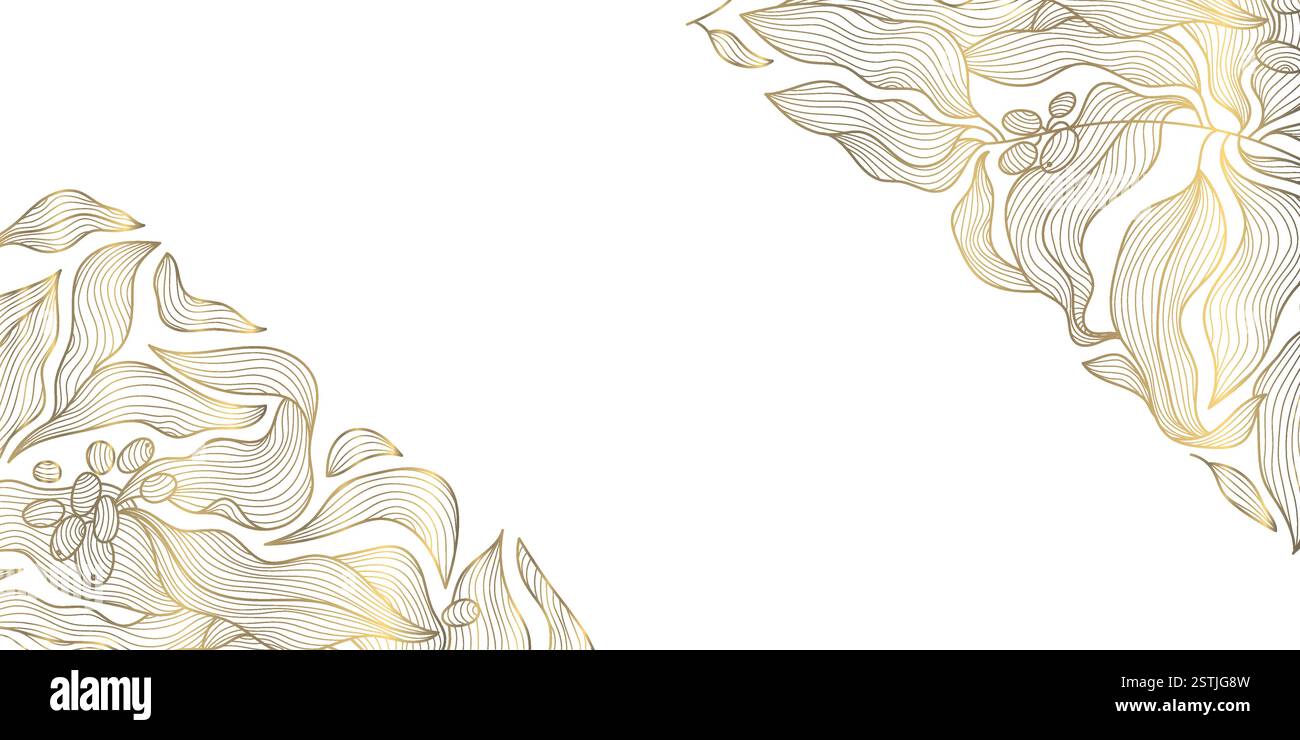 Vector coffee and beans line pattern, gold leaves plant texture. Luxury ...