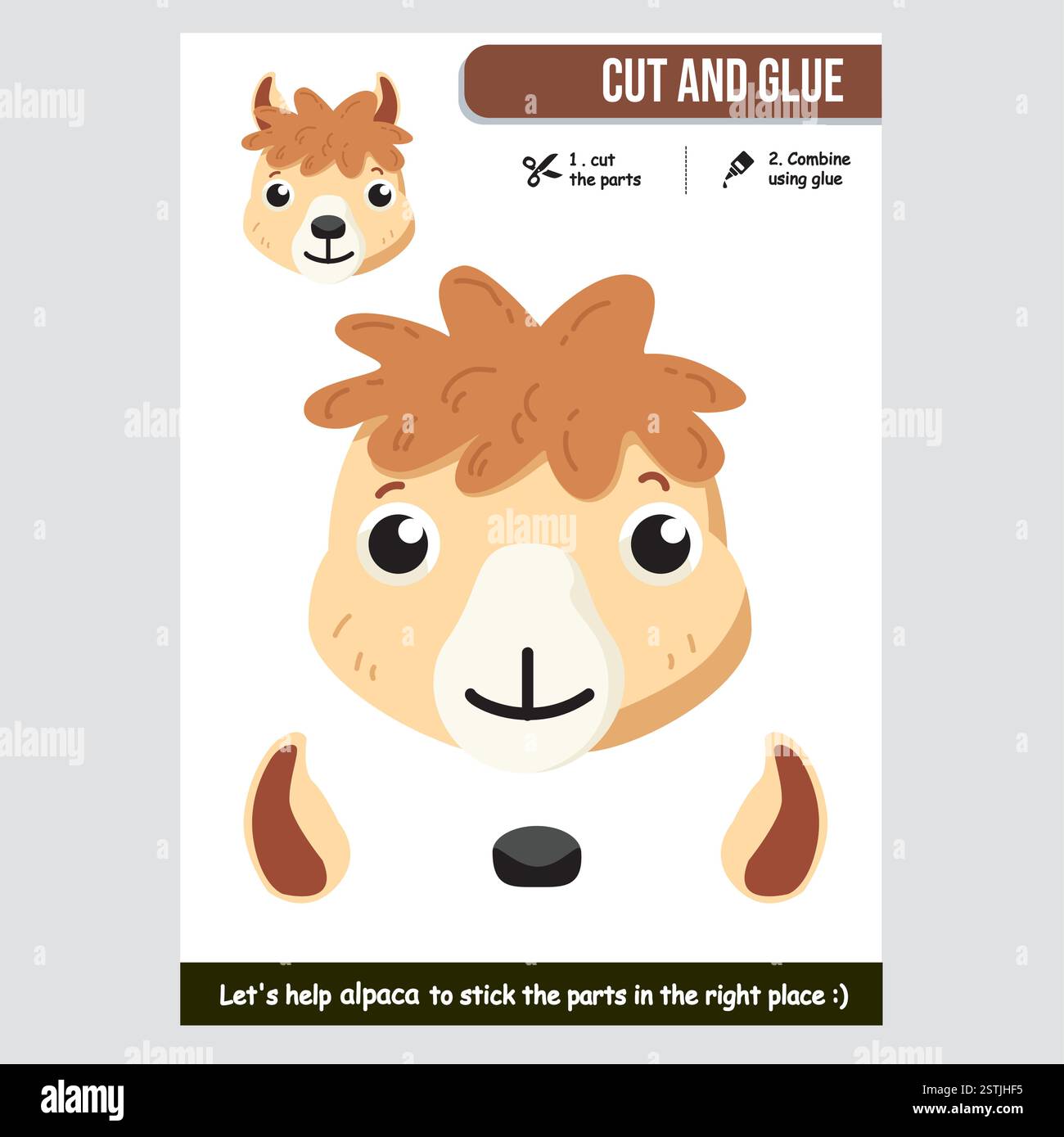 Cute alpaca paper game for kids. Educational cutout and gluing activity ...