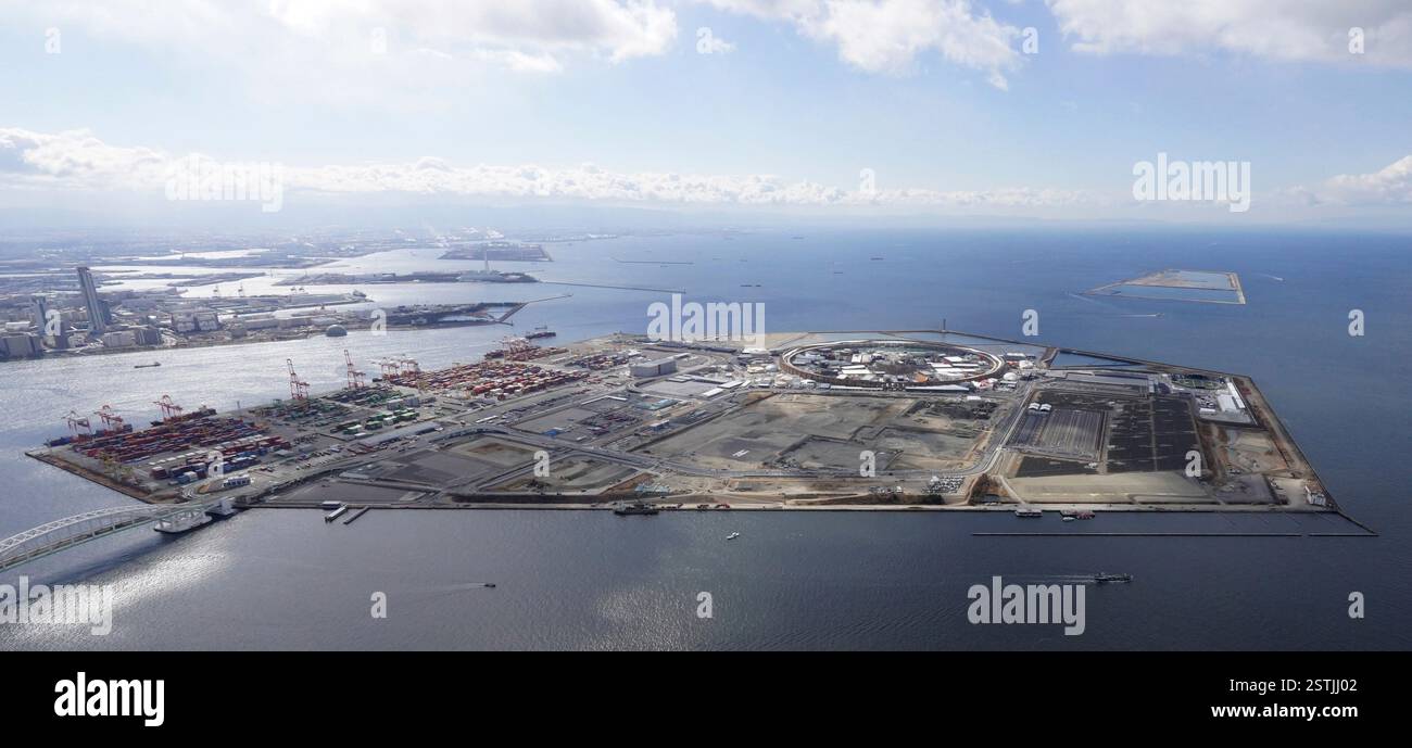 An aerial photo shows Yumeshima, the venue for Expo 2025 Osaka, Kansai ...
