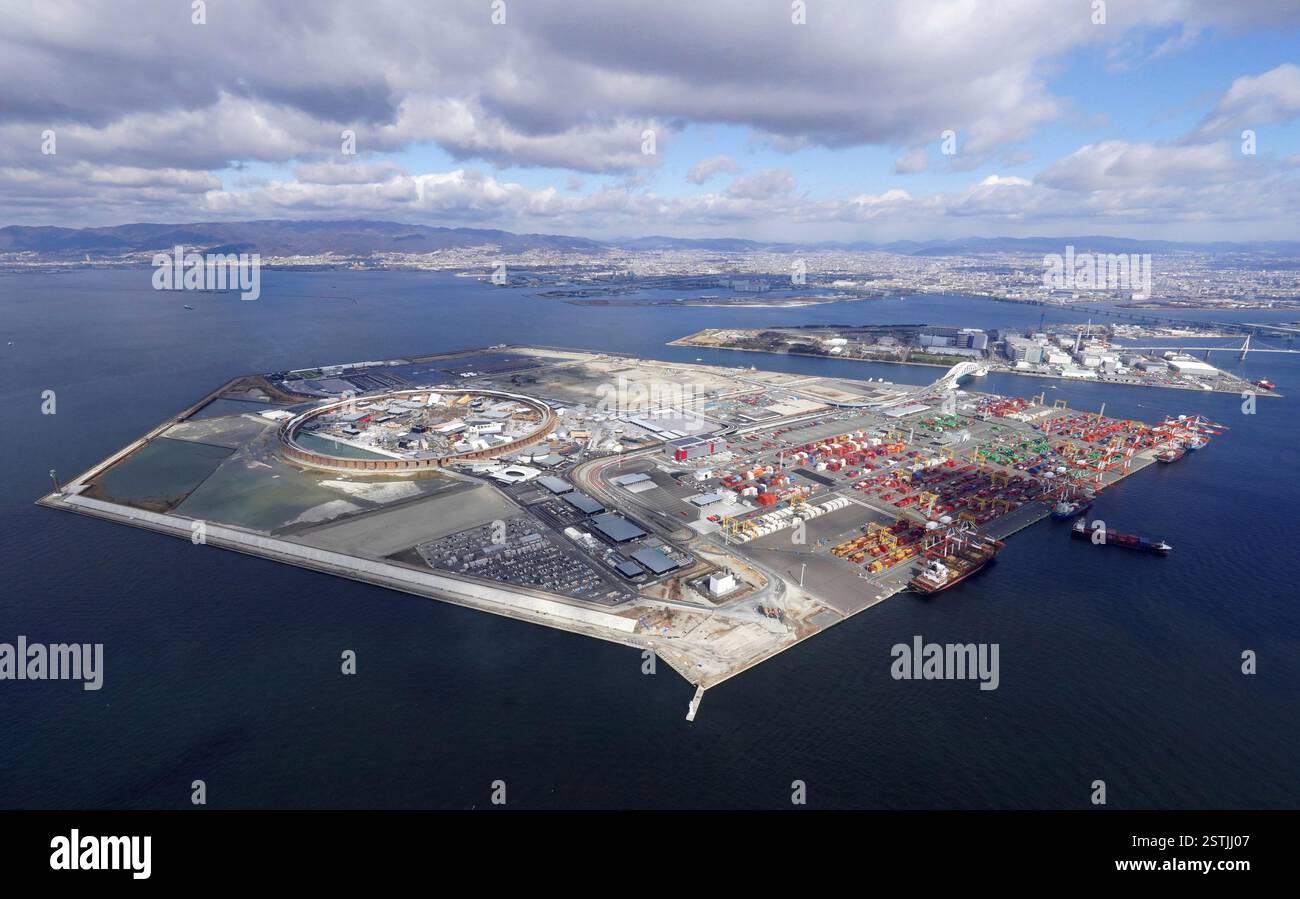 An aerial photo shows Yumeshima, the venue for Expo 2025 Osaka, Kansai ...