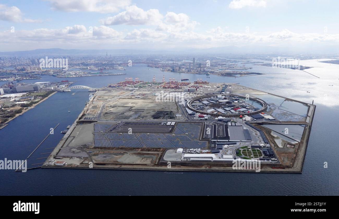 An aerial photo shows Yumeshima, the venue for Expo 2025 Osaka, Kansai ...