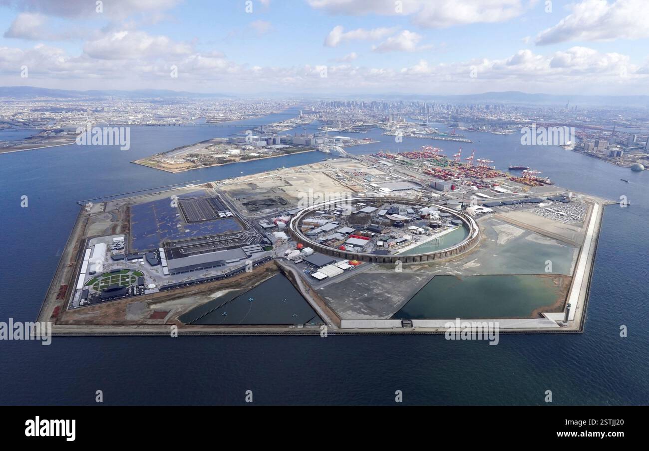 An aerial photo shows Yumeshima, the venue for Expo 2025 Osaka, Kansai ...