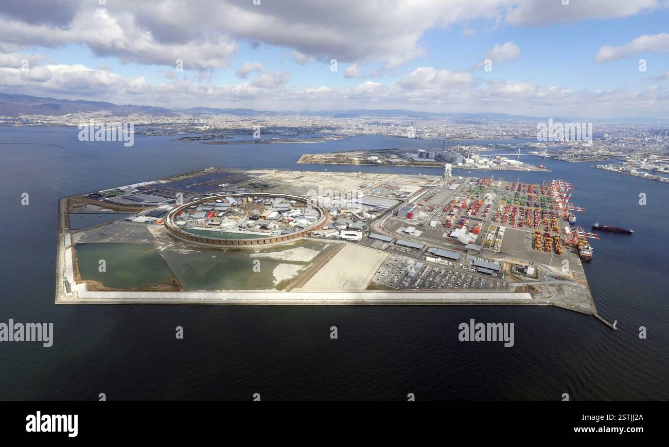 An aerial photo shows Yumeshima, the venue for Expo 2025 Osaka, Kansai ...