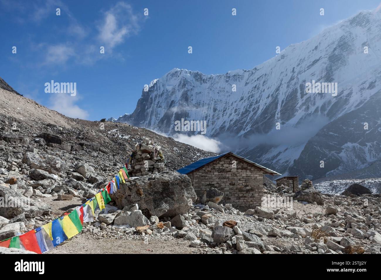 Mountain house under Himalayan mountain range. House in snowy mountains ...